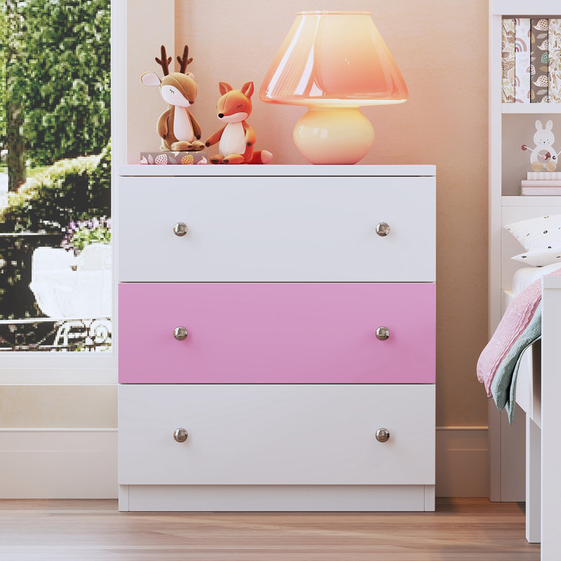 Wooden Nightstand with 3 Drawers and Plastic Handle Latitude Run Color Pink